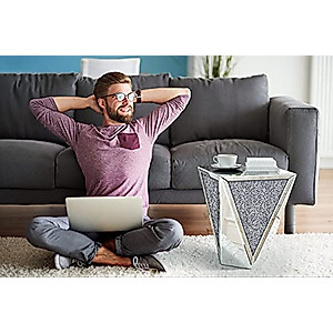 ENENE Mirrored End Table Crystal Diamond Setting Coffee Table Silver Glass Side Table Pedestal Stand for Hallway, Living Room, Corner, Bedroom, Sofa