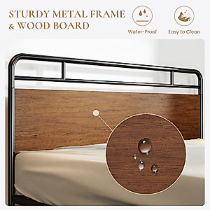 SHA CERLIN King Size Bed Frame with Wooden Headboard and Footboard, Rounded Corner Metal Frame, Heavy Duty Platform Bed with Under Bed Storage, No Box Spring Needed, Walnut