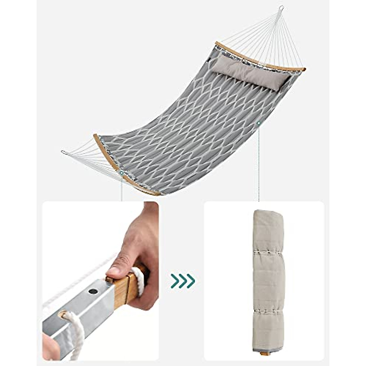 SONGMICS Hammock, Quilted Hammock with Curved Bamboo Spreaders, Pillow, 78.7 x 55.1 Inches, Portable Padded Hammock Holds up to 495 lb, Gray and Beige Rhombus UGDC034G02