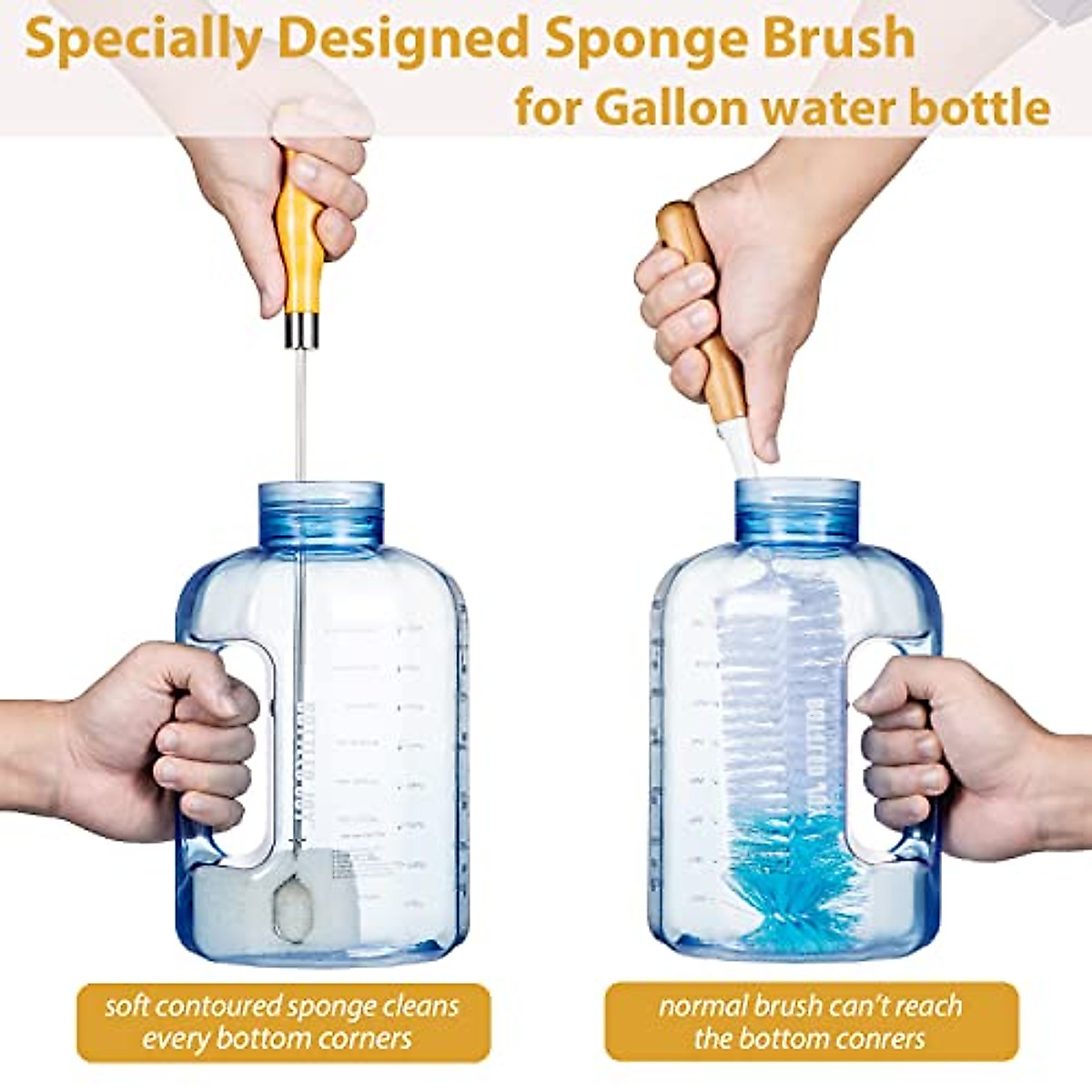 Patented Water Bottle Sponge Cleaner Brush Set-17” Long Soft Tip Flexible Bendable Cleaning Washer Scrubber for Big 1 Gallon/128 oz Water Jug, Half Gal/64oz Hydrojug,Pitcher- 90 Degree Angle Curved