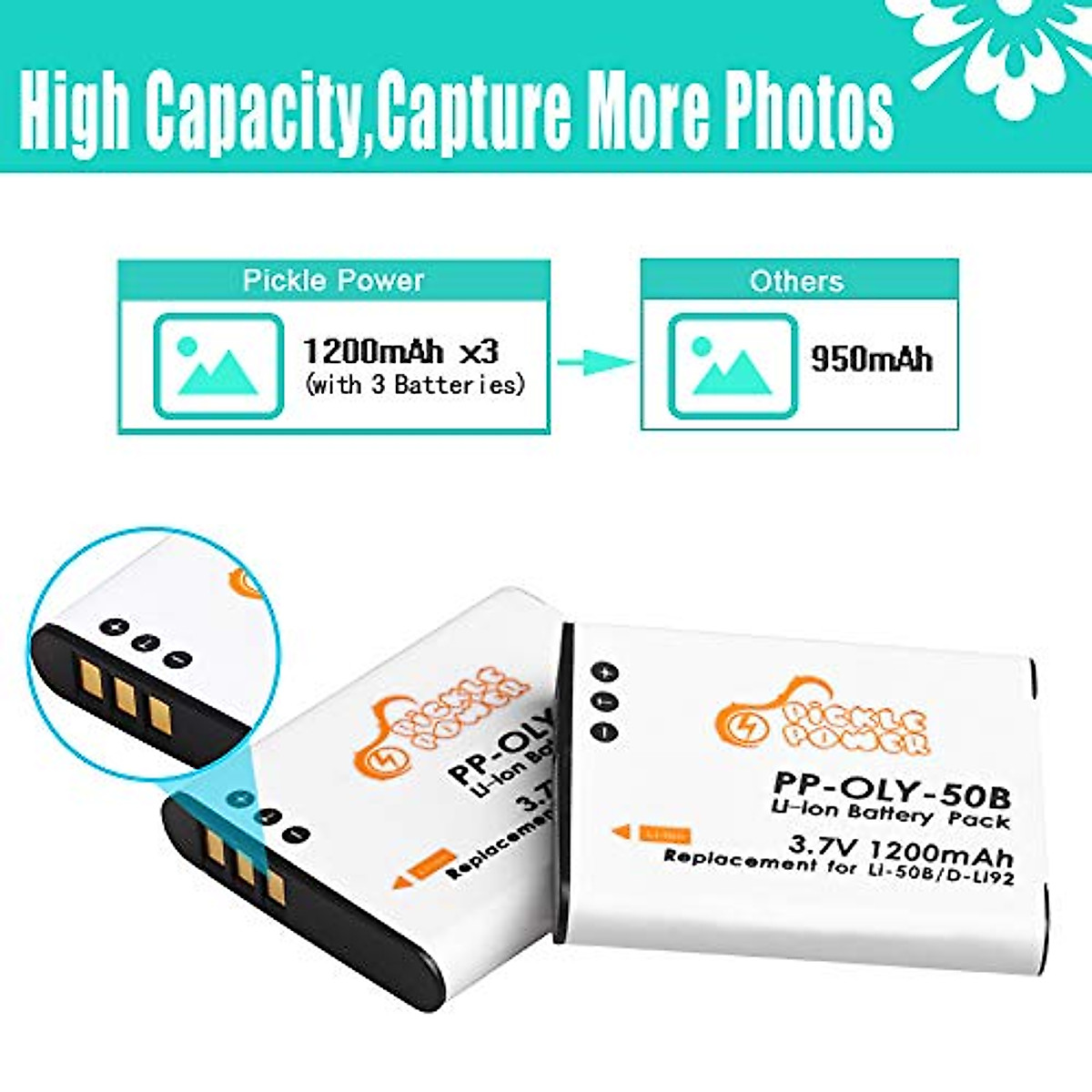 Pickle Power 3 Pack Li-50B D-LI92 Batteries and 3 Channel LED Battery Charger Replacement for Olympus Stylus Tough 6020 8000 8010 and Stylus 1020 1030 9000 SP-720UZ SZ-10 SZ-11 SZ-12 SZ-15 SZ-16 SZ-20