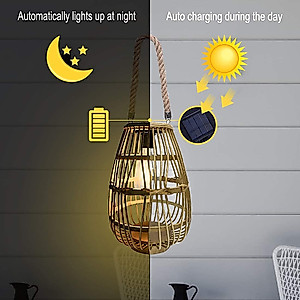 pearlstar Outdoor Solar Lantern Hanging Lights Natural Rattan Solar Lantern with Handle, Waterproof Large Solar Lights Table Lamp for Yard Garden Patio Wedding Home Decoration, Edison Bulb