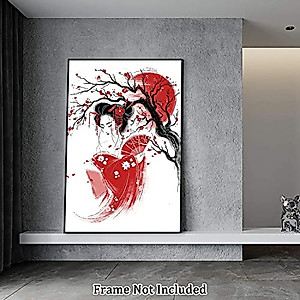 Canvas Wall Art Japanese Geisha Canvas Print Artwork Red Sun And Japanese Woman Wall Art Paintings Modern Picture Print Unframed for Living Room Dinning Room Bedroom Bathroom Home Decor 20x30inch