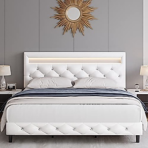 Modern Upholstered Platform Bed Frame with LED Headboard, Faux Leather Low Profile Platform Bed Frame, Strong Wood Slat Support, Adjustable Upholstered Headboard, Easy Assembly, White, Queen Size