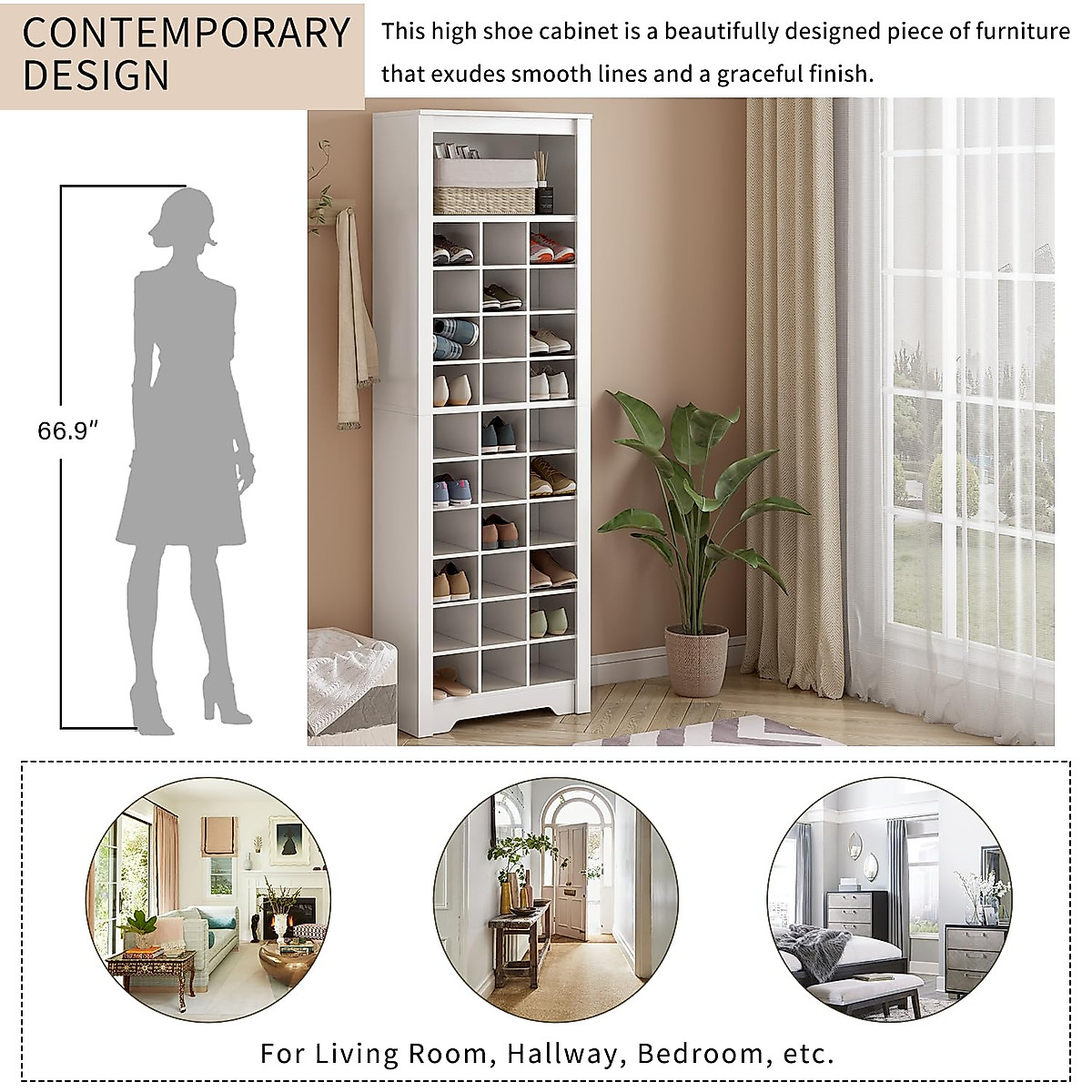 Bellemave Shoe Cubby Storage Organizer Cabinet 30 Shoe Cubby Console Wood Shoe Cabinet, White