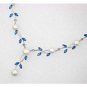 Faship Gorgeous Blue CZ Crystal Genuine Freshwater Pearls Floral Necklace Earrings Set - Blue