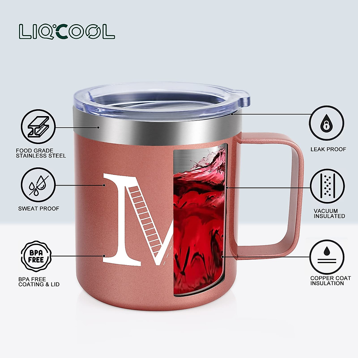 LiqCool Initial Mug, Monogrammed Gifts for Women Men, Letter-M, K, A, S Initial Monogram Engraved Coffee Mug Tumbler, Monogram Mug Personalized Gifts for Women Men, 12 Oz Travel Coffee Mug(Rose Gold)