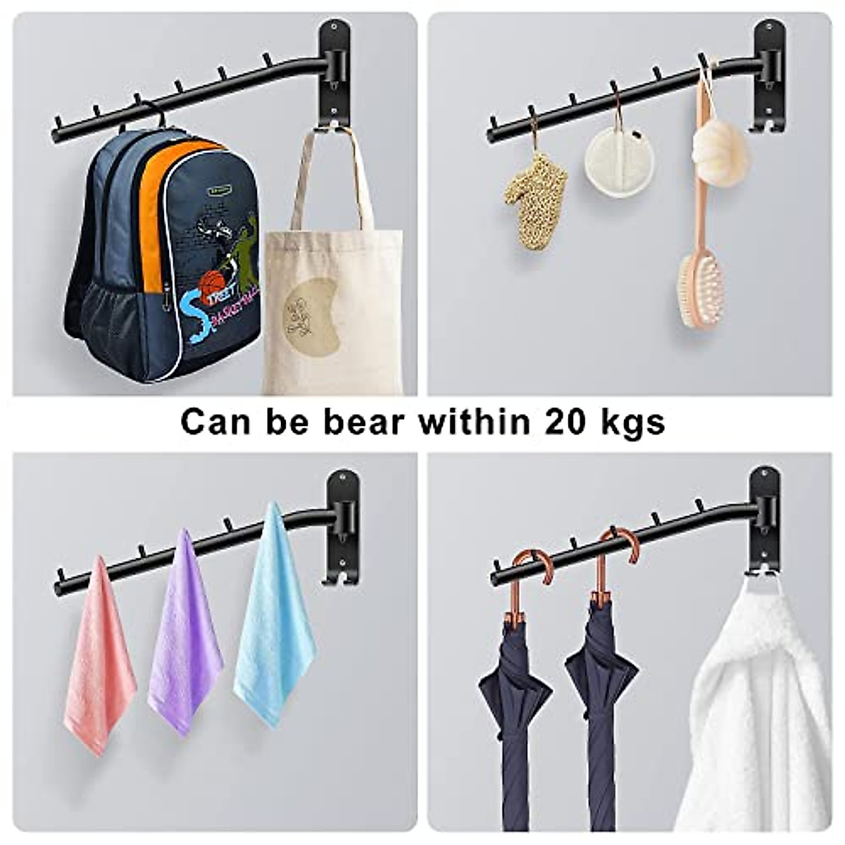 Bosszi 2-Pack Wall Mounted Folding Clothes Hanger Rack, Stainless Steel Clothes Hooks with Swing Arm Holder Space Saving Clothing Hanging System Closet Storage Organizer Heavy Duty Drying Rack (Black)