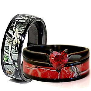 3 pc His & Hers Heart Red Camo Black Stainless Steel and Titanium Engagement Wedding Rings Set (Size His 09, Hers 06)