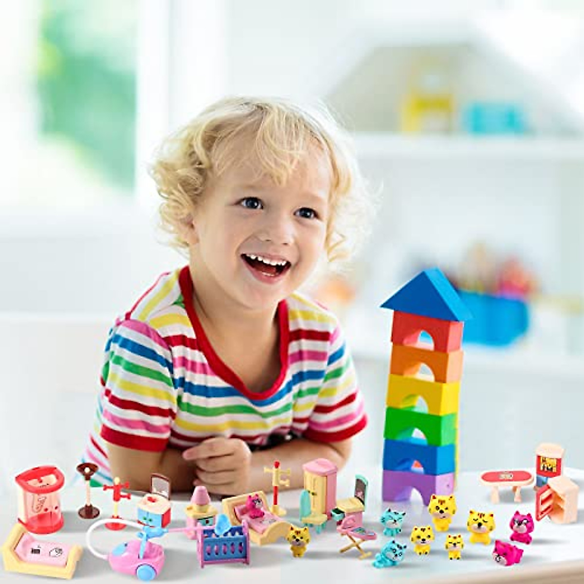 59 Pcs Dollhouse Furniture Accessories Sets Living Room Dining Room Bedroom Bathroom Miniature Doll House Furniture Plastic Pretend Doll Housework Cleaning Furniture Play Toy Gifts for Boy Girl Age 6+