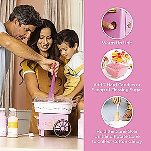 Nostalgia Cotton Candy Machine - Retro Cotton Candy Machine for Kids with 2 Reusable Cones, 1 Sugar Scoop, and 1 Extractor Head – Pink
