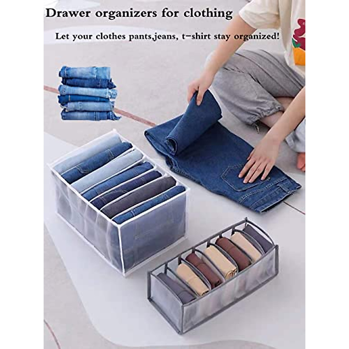 BLCMGSS 4PCS Wardrobe Clothes Organizer for Folded Clothes, 7Grids Drawer Dividers for Clothes(6.7x14.2x4.7inch,7grids,Grey)