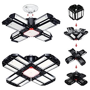 Garage Lights Ceiling Led 2 Pack Plug in Shop Ligthts,180W 18000 LM 6500K Garage Lights Ceiling LED,12 Leaf Deformable Multi-Position Panels Garage Lights E26 E27 Base,for Barn,Workshop,Basement