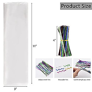 Tecbeauty 300pcs 3x11 Cellophane Bags Long Treat Bags Cello Goody Cookie Bags Clear with Colored Twist Ties for Gifts Party Favors