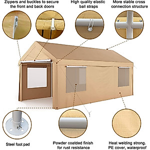 Carport Canopy 10x20 Heavy Duty Car Canopy with Removable Sidewalls Portable Carport Garage Tent Boat Shelter Market Stall, with 4 Windows Yellow