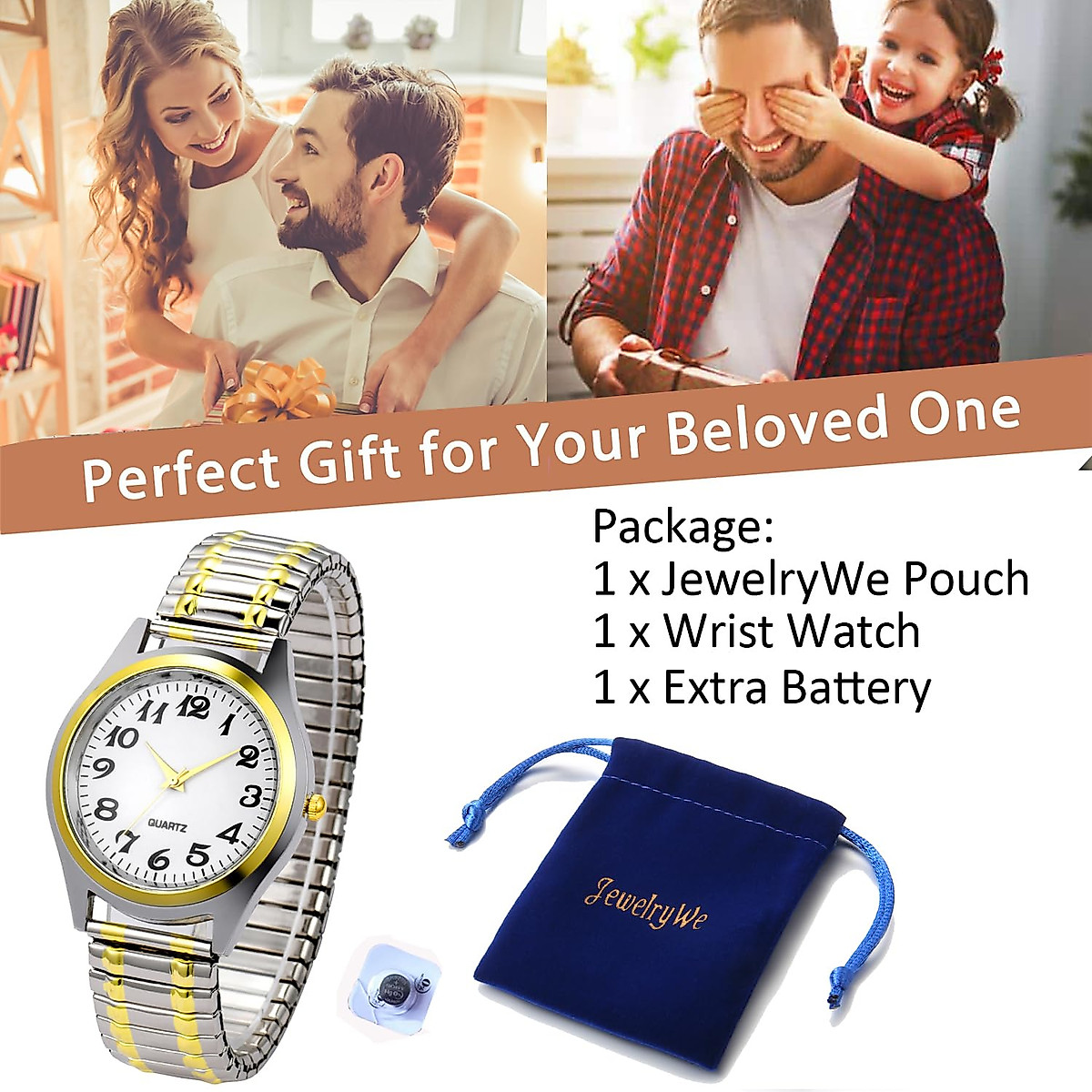 JewelryWe Mens Ultra Thin Easy Reader Watch with Elastic Strap Golden-Silver Watch