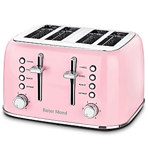 Toaster 4 Slice, Roter Mond Retro Stainless Steel Toaster with Extra Wide Slots Bagel, Defrost, Reheat Function, Dual Independent Control Panel, Removable Crumb Tray, 6 Browning Levels, Pink