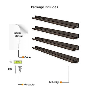 Rustic State Ted Wall Mount Narrow Picture Ledge Shelf Photo Frame Display - 52 Inch Floating Wooden Shelf for Living Room Office Kitchen Bedroom Bathroom Décor - Set of 4 - Burnt Brown