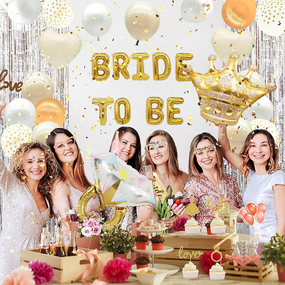 Generic Bride to be Decorations for Bridal Shower Bachelorette Party Pearly White Champagne Gold Includes Balloons Sash Cake Topper Photo Props Tablecloths and More