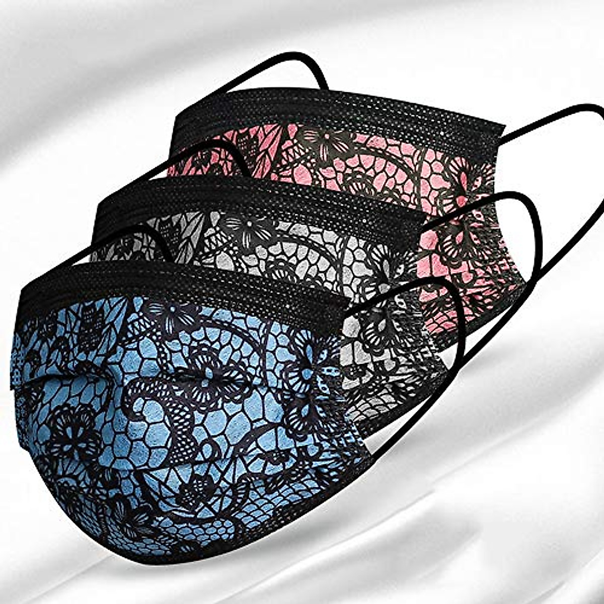 Disposable Face Mask, Adult Disposable Face Mask Fashion Lace Disposable Protection Three Layer Breathable (50 PCS, Black)