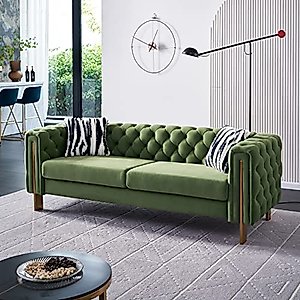 Melpomene Modern Button Tufted Velvet Sofa, Chesterfield Sofa with Square Arm,Gold Metal Legs and 2 Throw Pillows for Living Room(Mint Green)