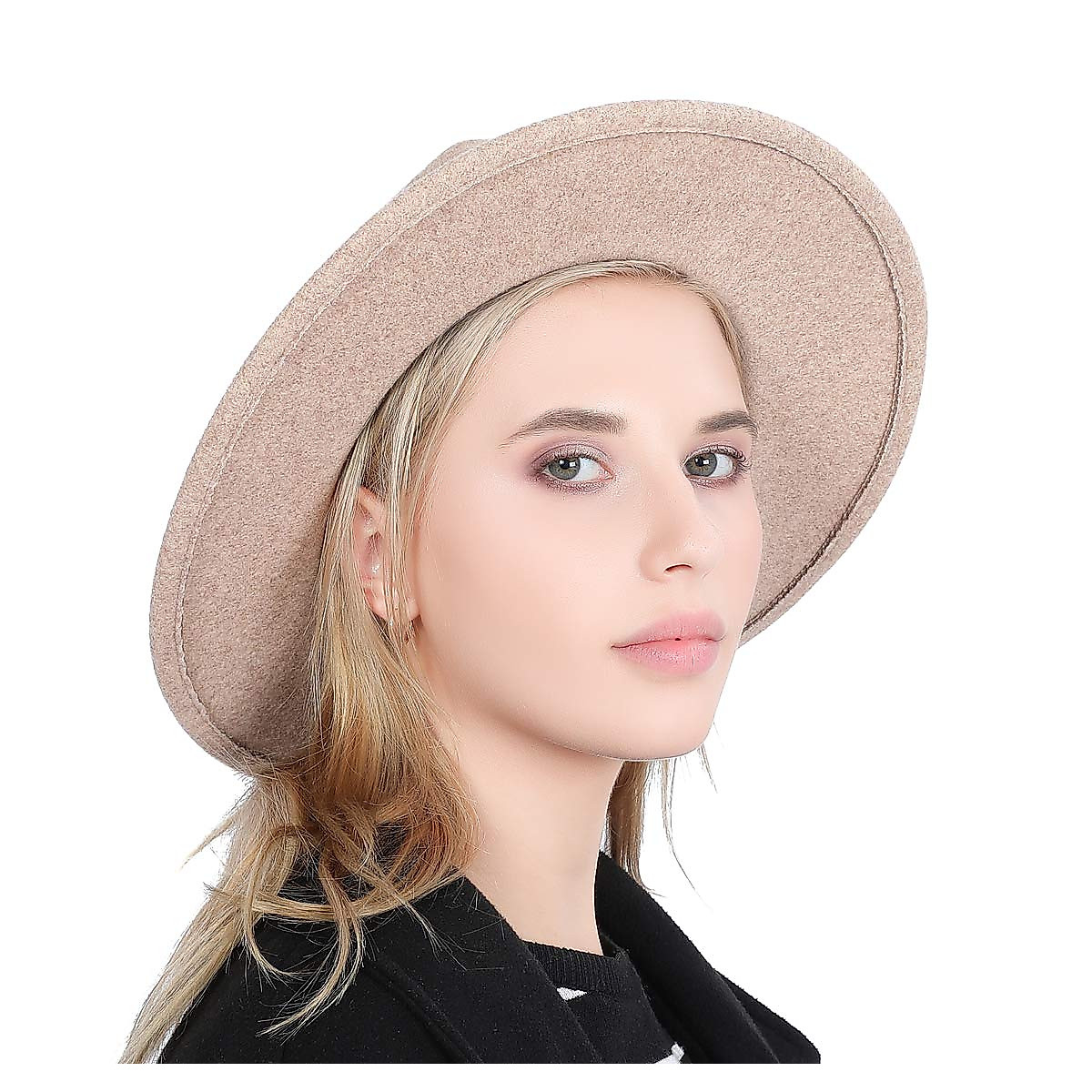 Lanzom Women Lady Felt Fedora Hat Wide Brim Wool Panama Hats with Band Fit Size 6 8/7-7 1/4(E-Beige)