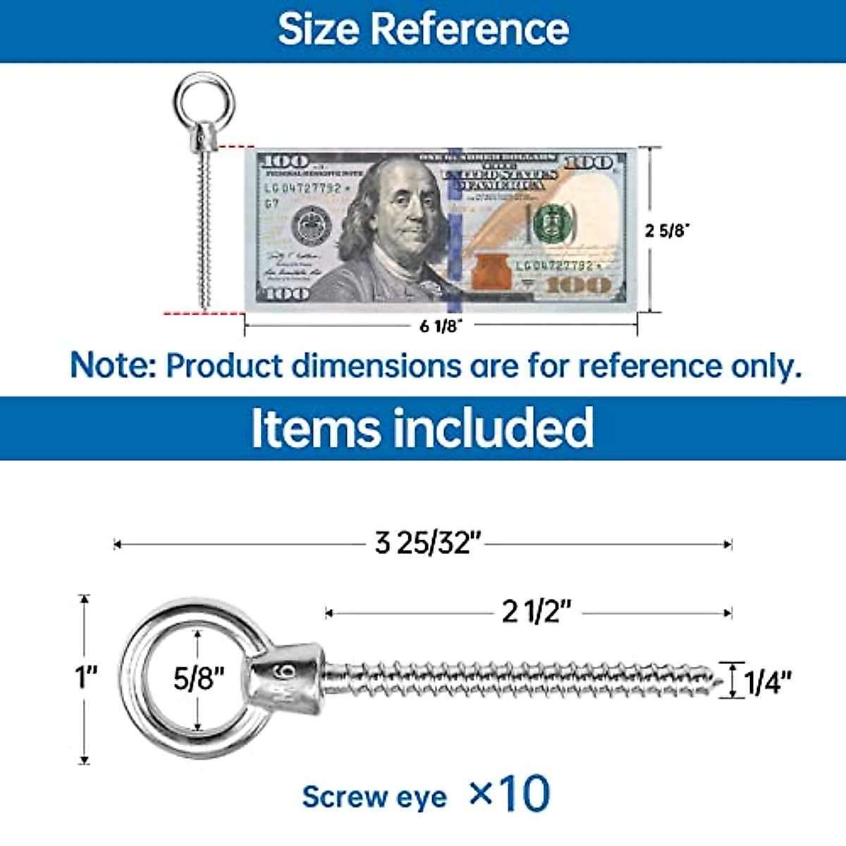 Muzata 10Pack 3.8Inch M6 Screw Eye Hook Wood Screws Metal Hook T316 Stainless Steel for Wood Securing Cable Wire Terminal Ring Eyelet Stand Self Tapping Eye Bolt Indoor Outdoor CN02
