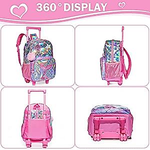 Meetbelify Rolling Backpack for Girls School Backpack with Wheels Kids Roller Luggage for Elementary Kindergarten Students with Lunch Box Pencil Case for Girls 5-12 Years Old