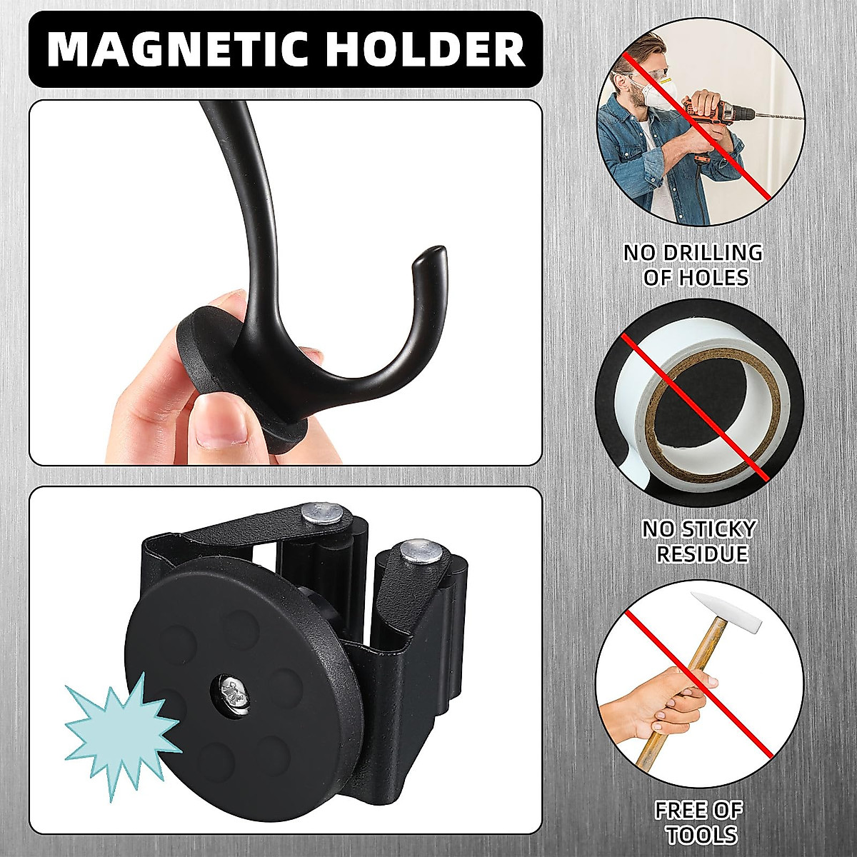 Vercraft 4 Pcs Magnetic Double Hooks Magnetic Coat Hooks Magnetic Mop Broom Holder Movable Magnetic Broom Holder Rack for Garage Kitchen Laundry Garden