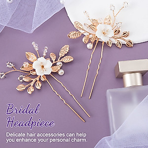 ANCIRS 4 Pack Crystal Flower Bridal Hair Styling Pins for Wedding, Anti-Slip Ceramic Leaves Shape Rhinestone Pearls Head Piece Accessories for Women Bride Wedding Hairstyles- Gold
