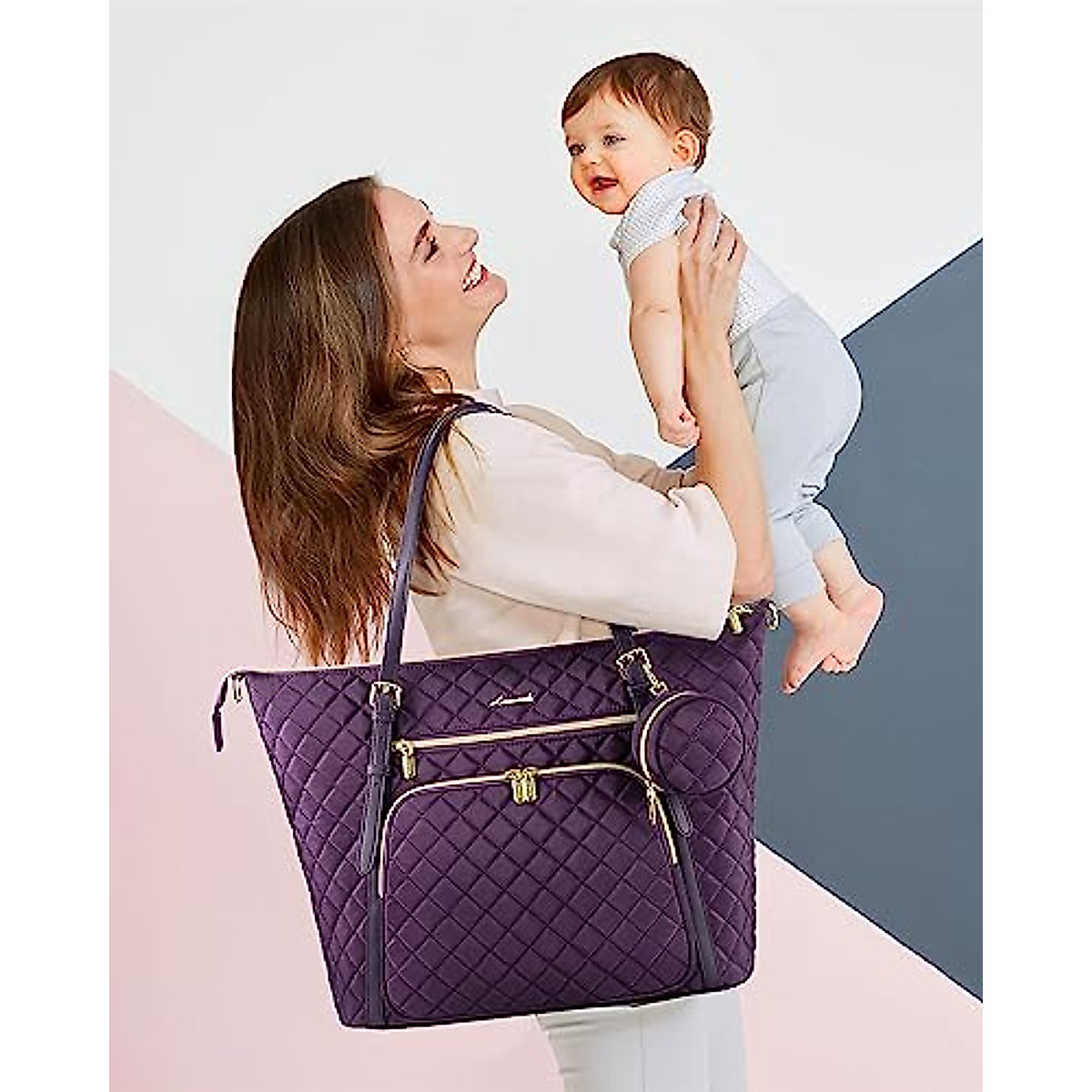 LOVEVOOK Diaper Bag Tote, Large Travel Baby Diaper Bag with Pacifier Holder and Changing Pad, Quilted Diaper Tote for Baby, Waterproof Mommy Bag for Hospital, Stylish & Multifunction, Purple