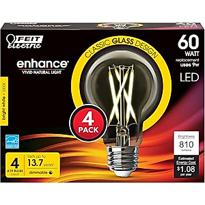 Feit Electric LED Clear A19 Medium Base Light Bulb - 60W Equivalent - 15 Year Life - 810 Lumen - 3000K Bright White - Dimmable | 4-Pack