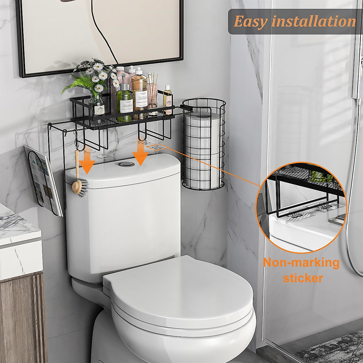 Multifunctional Over The Toilet Storage Shelf with Paper Holder, Bathroom Organizer Shelf Above Toilet Storage with Storage Rack, Adjustable Toilet Storage Rack, No Drilling Space Saver, Metal Black