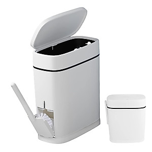 NewGtuizi Bathroom Trash Can|Bathroom Bin with Toilet Brush Holder 14L Slim Trash Can White Wastebasket Garbage Bin with Press Top Lid for Kitchen