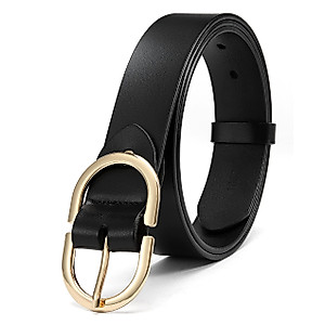 CR Womens Black Leather Belts for Jeans Pants - 1.3" Width Casual Ladies Belt - Fashion Center Bar Gold Buckle