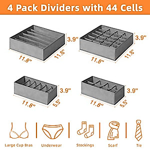 Sock Underwear Drawer Organizer Dividers 44 Cell, 4 Pack Underwear Drawer Organizers for Large Bras, Foldable Closet Organizers and Storage for Clothing, Socks, Underwear, Ties (Gray)
