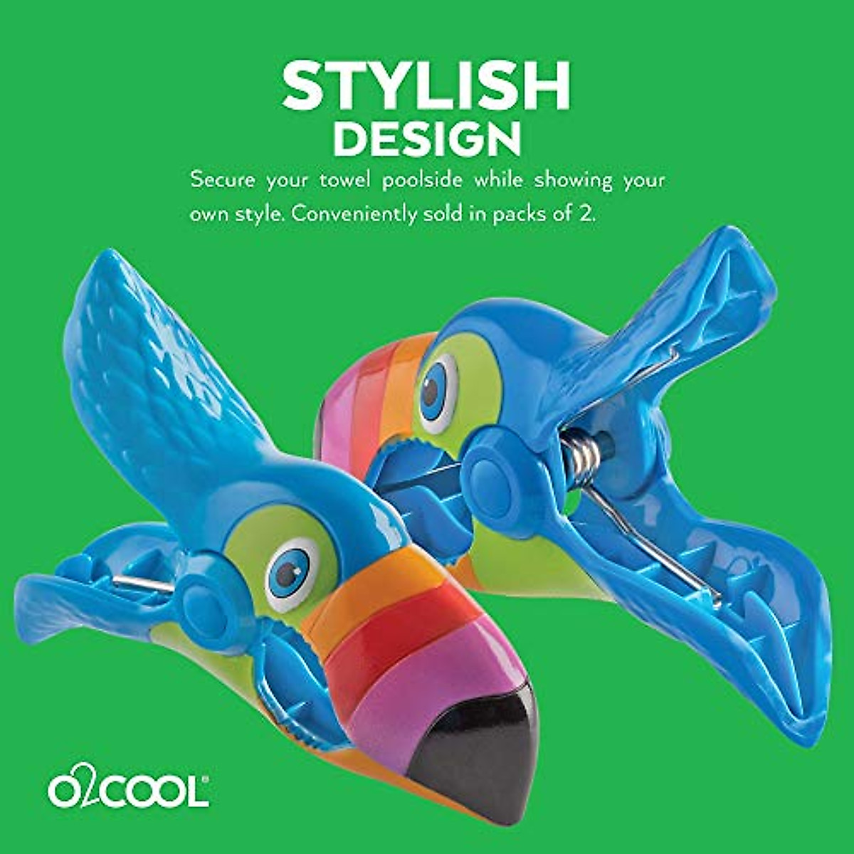 O2COOL Bocaclips - Beach Towel Clips For Beach Chairs, Patio And Pool Accessories - (Toucan) 2 Count