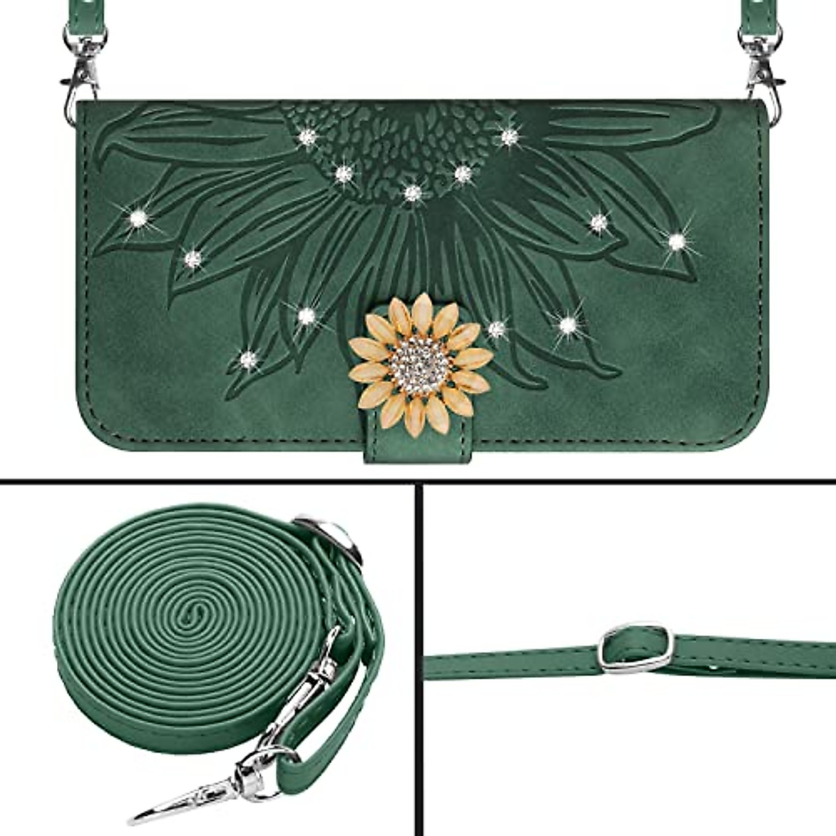 ONV Wallet Case Compatible with Samsung Galaxy S9 Plus - 1.5M Strap Glitter Shinny Sunflower Flip Leather Case Card Slot Shockproof Kickstand Magnetic Cover for Samsung Galaxy S9 Plus [HT] -Green-T