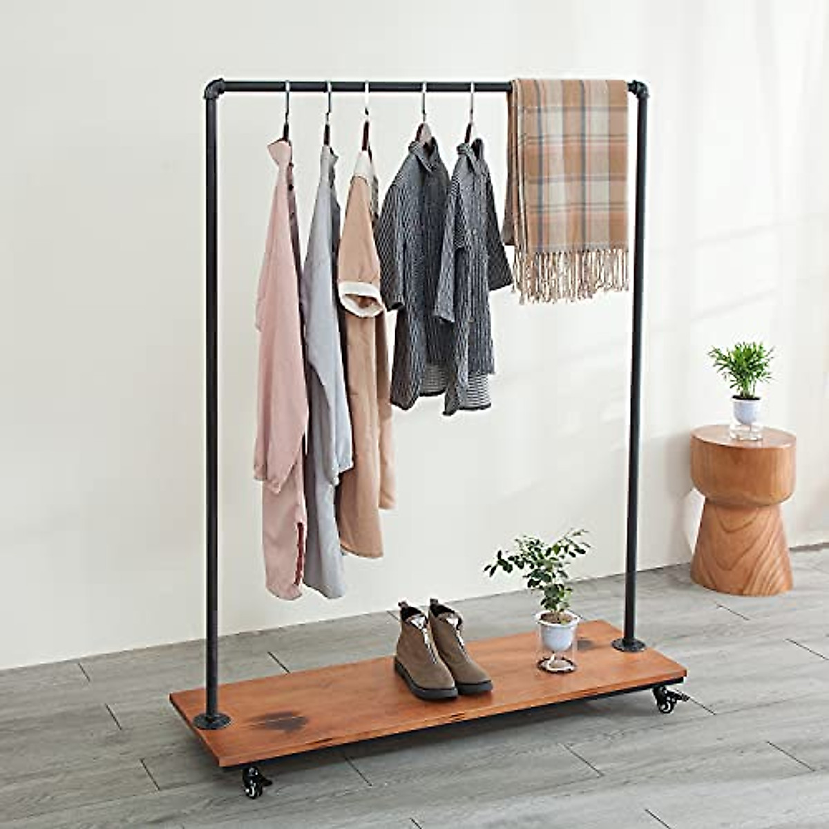 WGX Design For You Industrial Pipe Clothing Rack Wood Garment Rack Pipeline Vintage Rolling Rack with wheels(A)