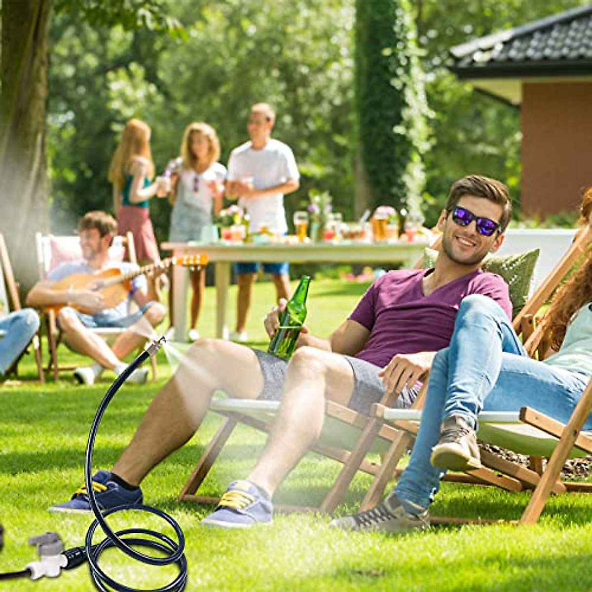 Patio Misters for Cooling Outdoor - 6.5Ft Outside Water Misting Cooling System with Two Spary Nozzles, Hose Attachment for Garden, Portable Mister for Pool Hummingbird Kids Water Playing (Black)