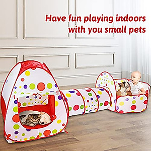 Fhiny Small Animal Playpen, Breathable Pop Open Portable Tent Rabbit Connect Tunnel Foldable Pet Exercise Enclosure Hiding Training Toys for Puppy Kitten Chinchilla Hamster Gerbils Guinea Pig (Red)