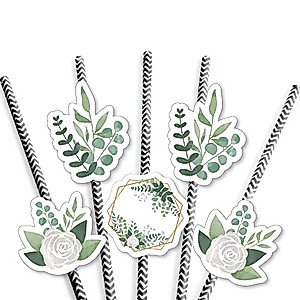 Big Dot of Happiness Boho Botanical - Paper Straw Decor - Greenery Party Striped Decorative Straws - Set of 24