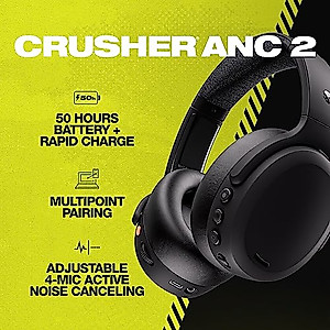 Skullcandy Crusher ANC 2 Over-Ear Noise Canceling Wireless Headphones with Sensory Bass and Charging Cable, 50 Hr Battery, Skull-iQ, Alexa Enabled, Microphone, Works with Bluetooth Devices - Black