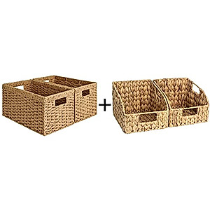 StorageWorks Set of 4 Round Paper Rope Storage Baskets, Rectangular Wicker Baskets with Built-in Handles