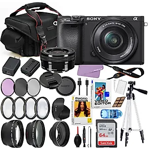 Sony A6400 Mirrorless Camera with 16-50mm Lens Bundle + Commander Optics Accessories Pro Package Including Filters, Auxiliary Lenses + 64GB Memory, Movavi Software Package & More (Renewed)