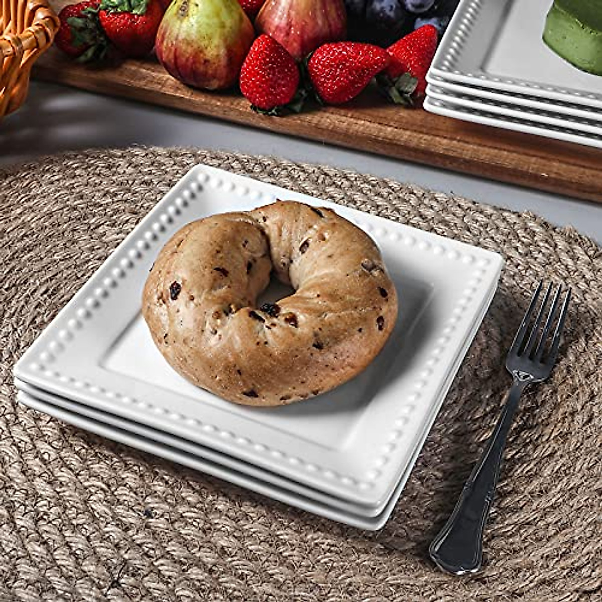 Wareland Bright White Embossed Dots Square Dessert Plates Set of 6, Ultra-fine Porcelain 6 inch Appetizer Plates, Farmhouse Salad Plates Set for Sides, Dessert, Snack, Small Heavy Duty Dinner Plates