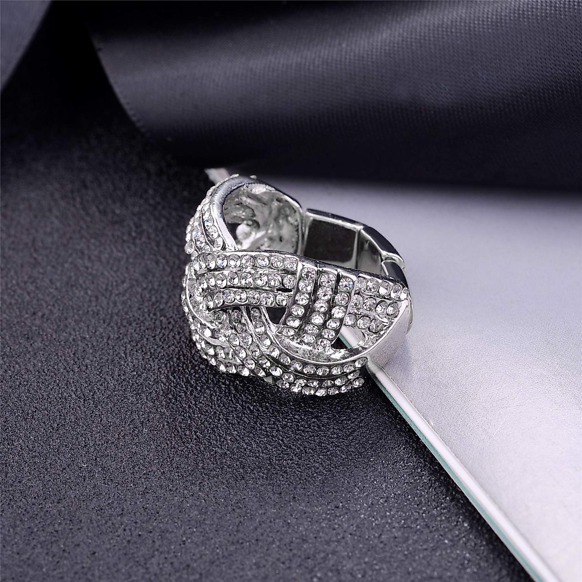Nicole Miller New York Silvertone Twisted Stretch Clear Crystal Rhinestones Fashion Ring