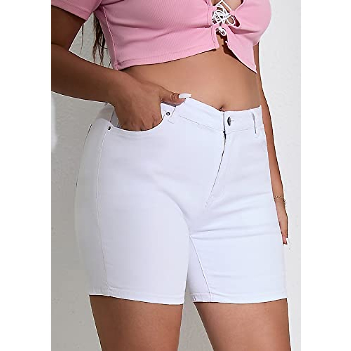 AusLook Plus Size Denim Shorts for Women White 20W High Waisted Comfy Stretch Distressed Casual Summer Jean Shorts with Pockets