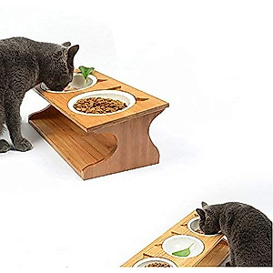 Smith Chu Premium Elevated Pet Bowls, Raised Dog Cat Feeder Solid Bamboo Stand with Ceramic Food Feeding Bowl - Cute Kitty Bowl for Cats and Puppy
