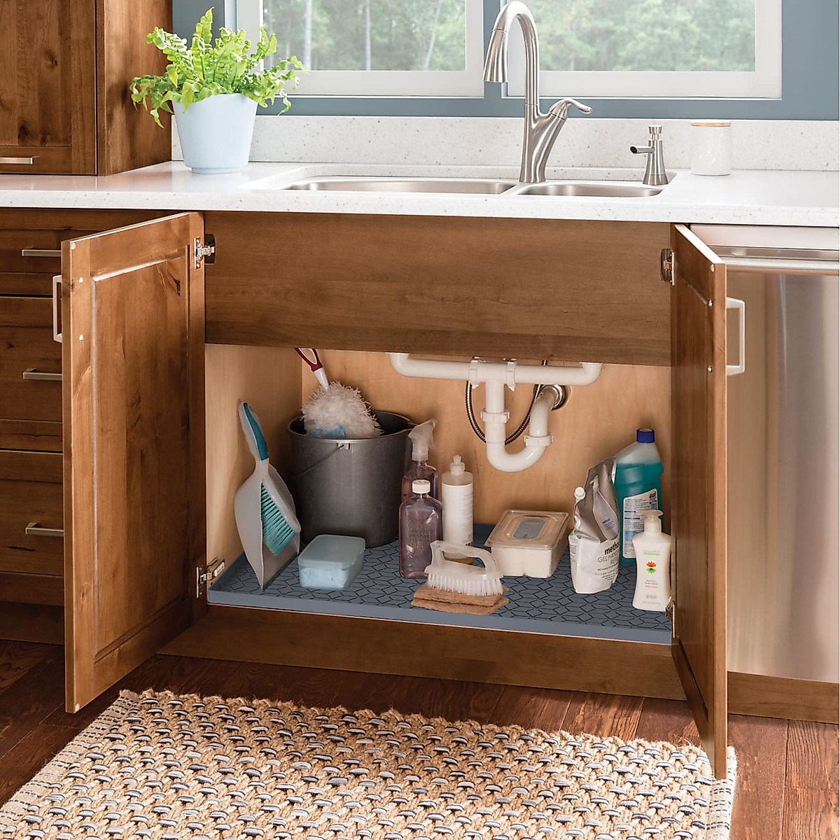 Under Sink Mat for Kitchen, 34"x22" Silicone Waterproof Under Sink Shelf Liner, Flexible Sink Cabinet Organizer Tray, Hold up to 3.3 Gallons Liquid, Sink Protector Tray with Drain Hole Easy to Clean